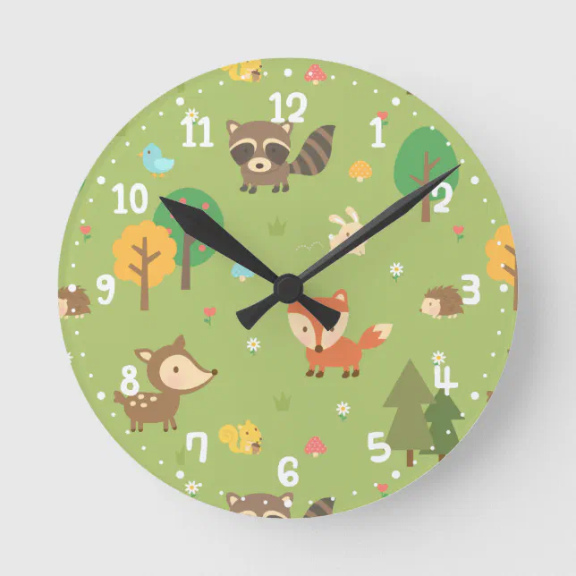 Forest Woodland Animal Pattern Kids Room Decor Round Clock | Zazzle