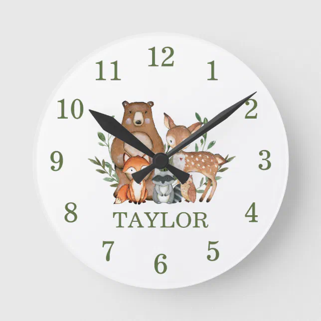 Forest Woodland Animals Bear Deer Fox Owl Numeral Round Clock | Zazzle
