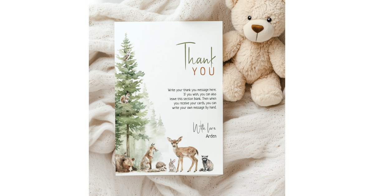 Forest Woodland Animals Flat Vertical Birthday Thank You Card | Zazzle