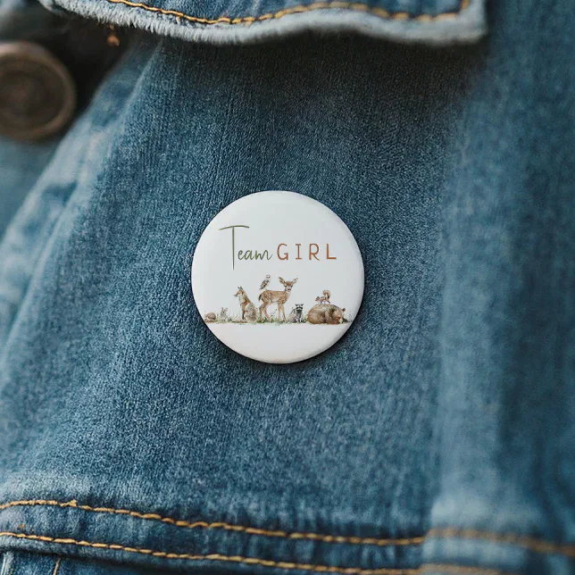 Forest Woodland Animals Gender Reveal Team Girl Button | Zazzle