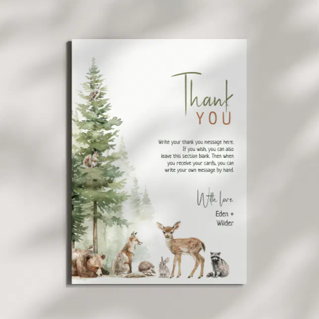 Forest Woodland Animals Vertical Baby Shower Flat Thank You Card | Zazzle
