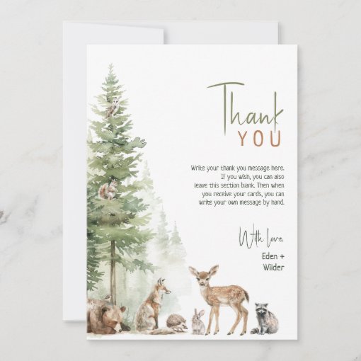 Forest Woodland Animals Vertical Baby Shower Flat Thank You Card | Zazzle