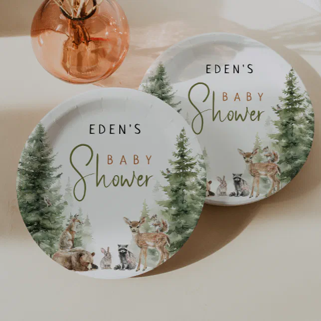 Forest Woodland Animals With Name Baby Shower Paper Plates | Zazzle