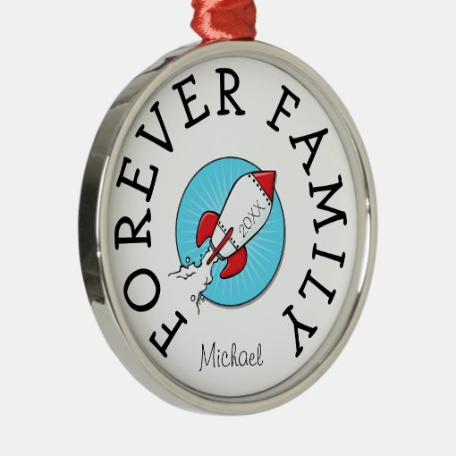 Forever Family kids Retro Rocketship Adoption Gift Metal Ornament | Zazzle
