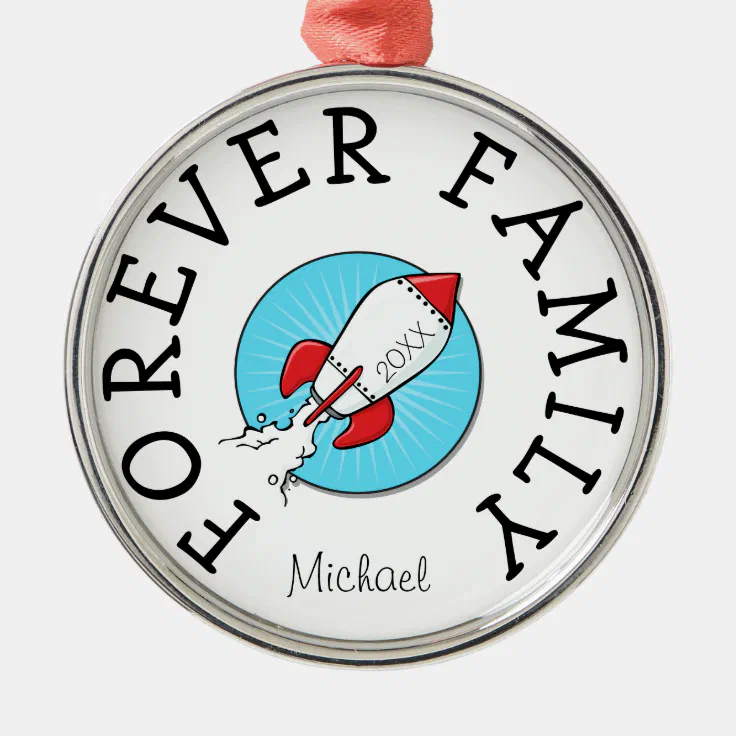 Forever Family kids Retro Rocketship Adoption Gift Metal Ornament | Zazzle