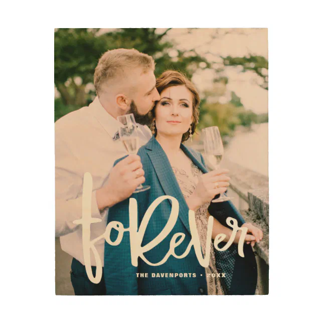 Forever Hand Lettered Script Wedding Photo Wood Wall Art | Zazzle