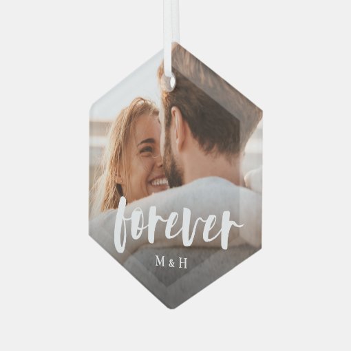 Forever Script Overlay Personalized Couples Photo Glass Ornament | Zazzle
