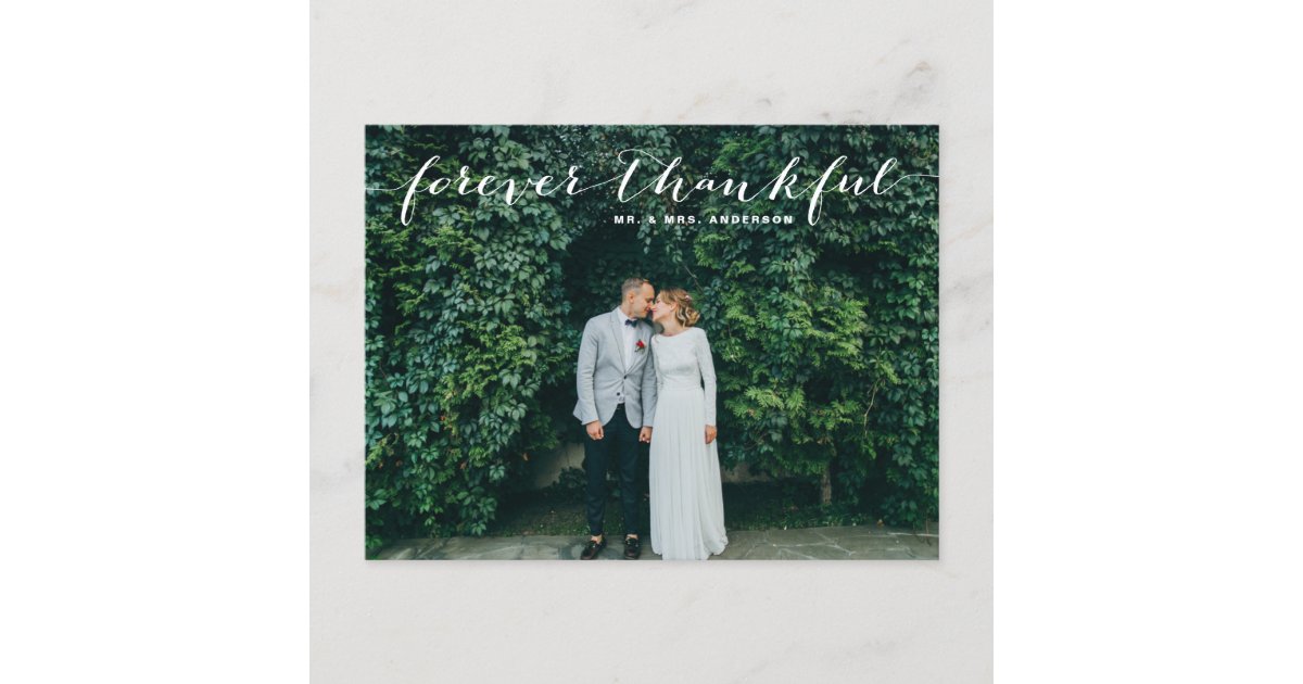 Forever Thankful | White Script Wedding Thank You Postcard | Zazzle