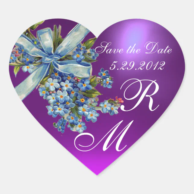 FORGET ME NOTS MONOGRAM ,WEDDING PARTY blue purple Heart Sticker | Zazzle