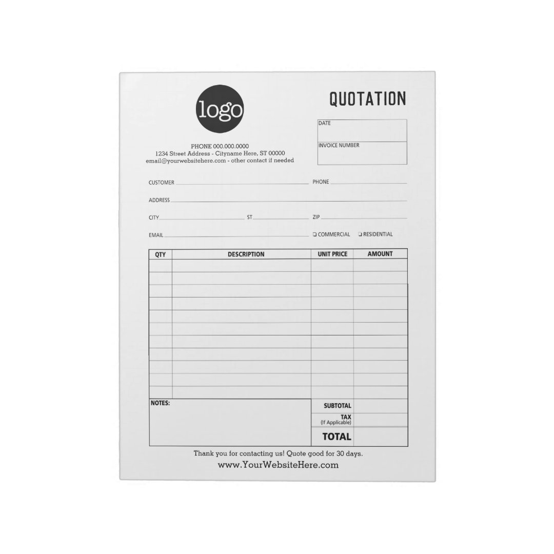 Form Business Quotation, Invoice or Sales Receipt Notepad | Zazzle