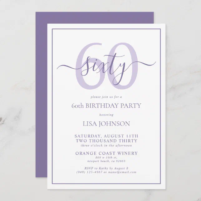 Formal 60th Birthday Lilac Lavender Classic Script Invitation | Zazzle