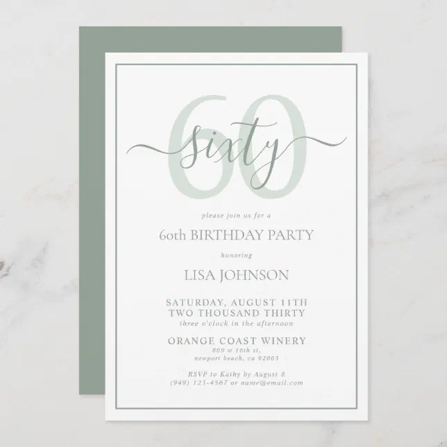 Formal 60th Birthday Sage Green Classic Script Invitation | Zazzle