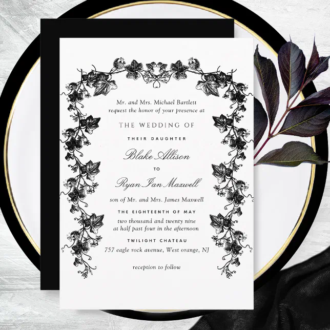 Formal Black and White Enchanting Garlands Wedding Invitation | Zazzle