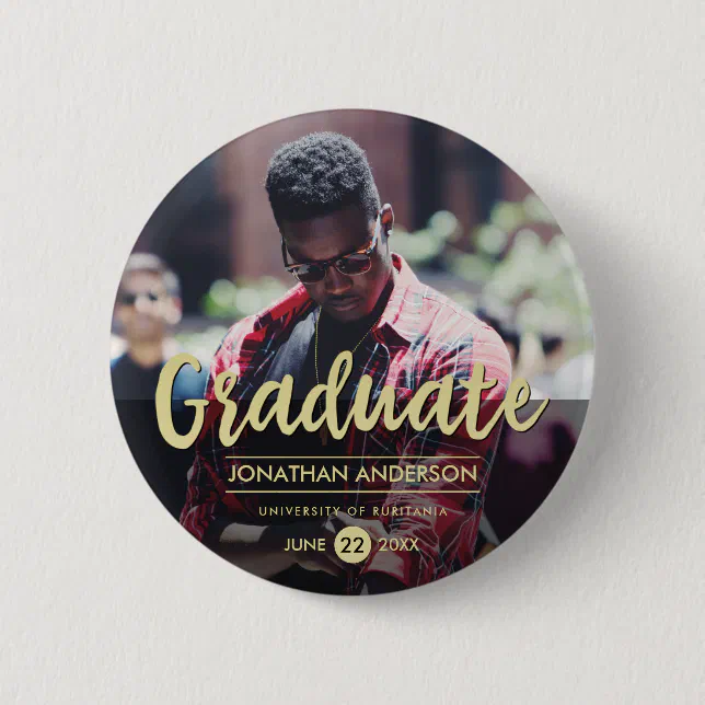 Formal Black & Gold Graduation Party | Photo Button | Zazzle