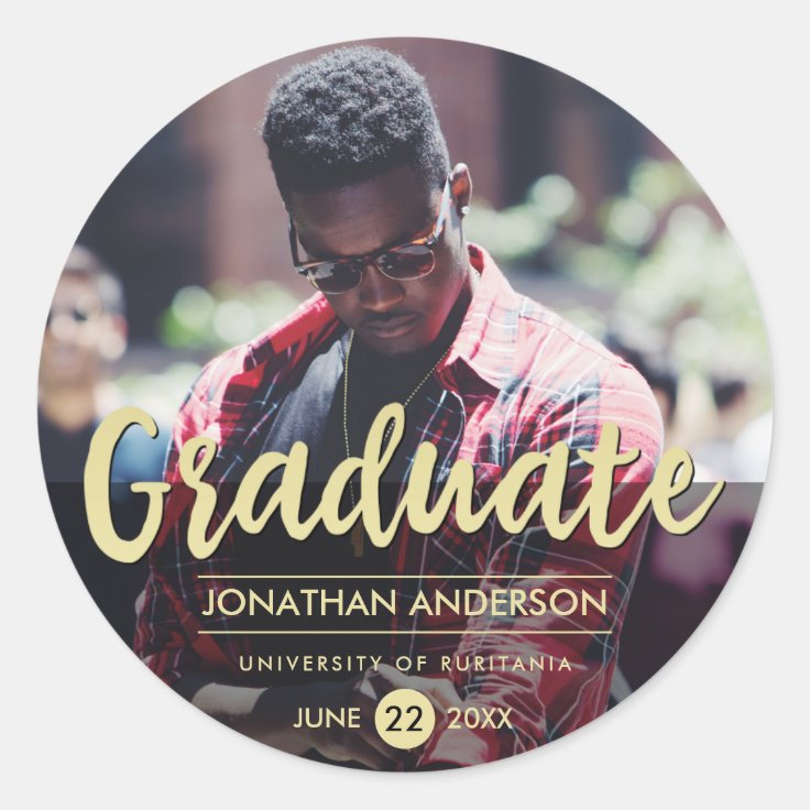 Formal Black & Gold Graduation Party | Photo Classic Round Sticker | Zazzle