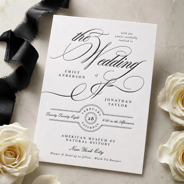 Formal Black Grand Script Wedding Letterpress Invitation | Zazzle