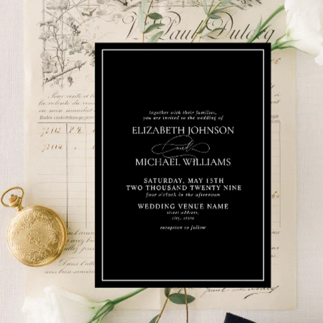 Formal Black & White Classic Script Wedding Invitation | Zazzle