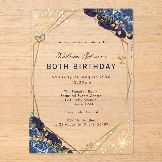 Formal Blue and Gold 80th Birthday Acrylic Invitations | Zazzle