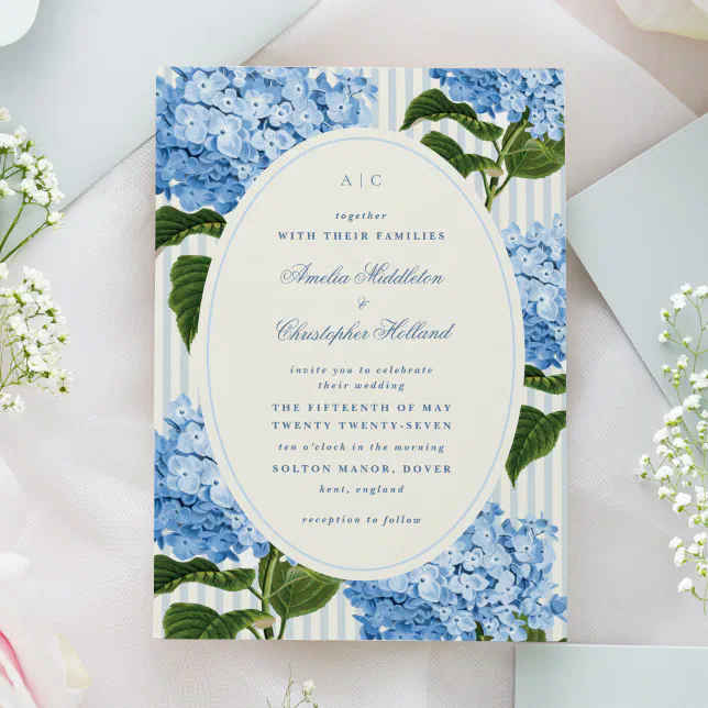 Formal Blue Preppy Hydrangea Garden Wedding Invitation | Zazzle