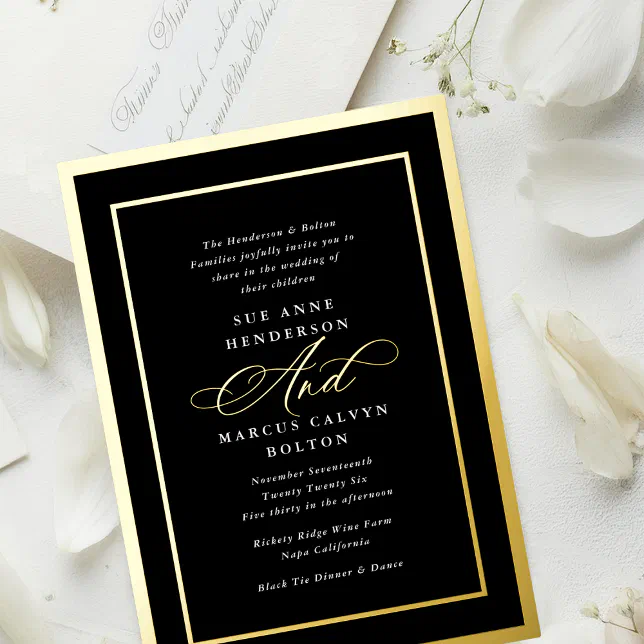 Formal Calligraphy Black & White Frames Wedding Foil Invitation | Zazzle