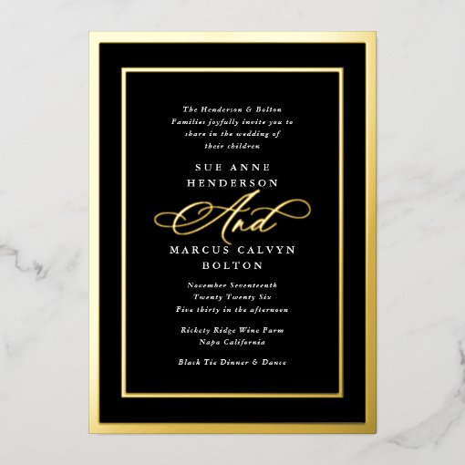 Formal Calligraphy Black & White Frames Wedding Foil Invitation | Zazzle