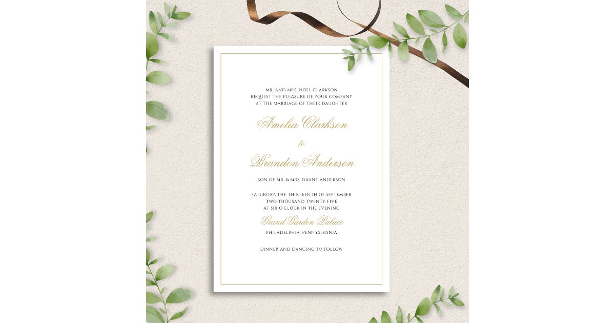 Formal Classic Black & Gold Border Script Wedding Invitation | Zazzle