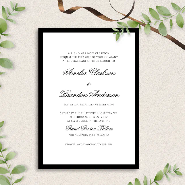Formal Classic Black & White Border Script Wedding Invitation | Zazzle