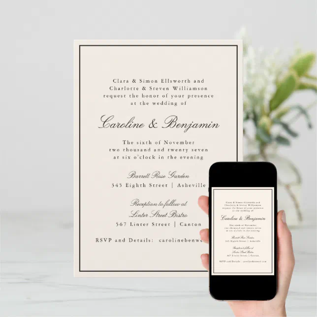 Formal Classic Border Script Elegant Wedding Ivory Invitation | Zazzle