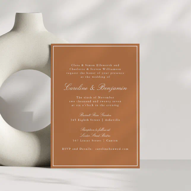 Formal Classic Border Script Wedding Terracotta Invitation | Zazzle