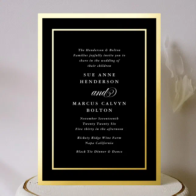 Formal Classic Calligraphy Golden Frames Wedding Foil Invitation | Zazzle