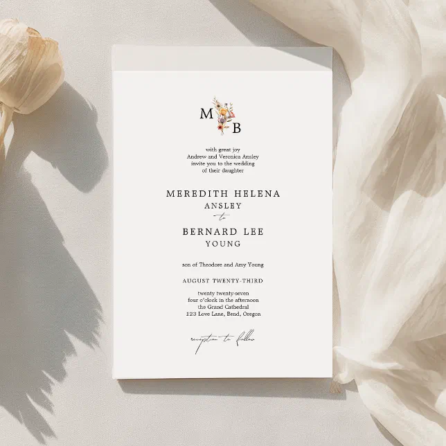 Formal Colorful Floral Monogram Wedding Invitation | Zazzle
