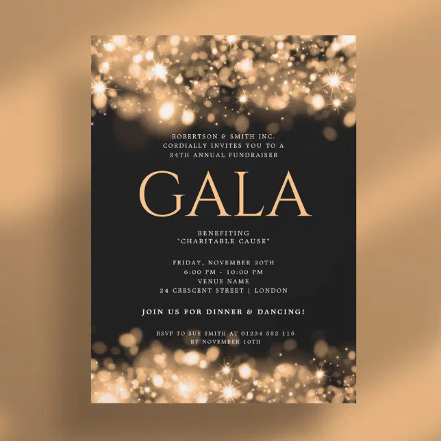 Formal Corporate Gala Ball Gold Sparkling Lights Invitation | Zazzle