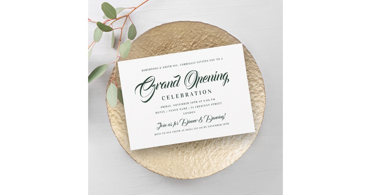 Formal Corporate Grand Opening Green & White Invitation | Zazzle