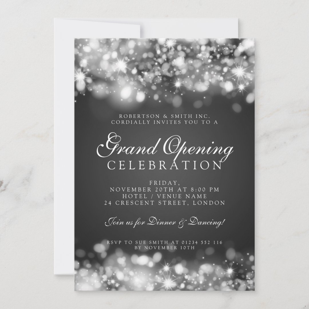 Formal Corporate Grand Opening Silver Lights Invitation | Zazzle