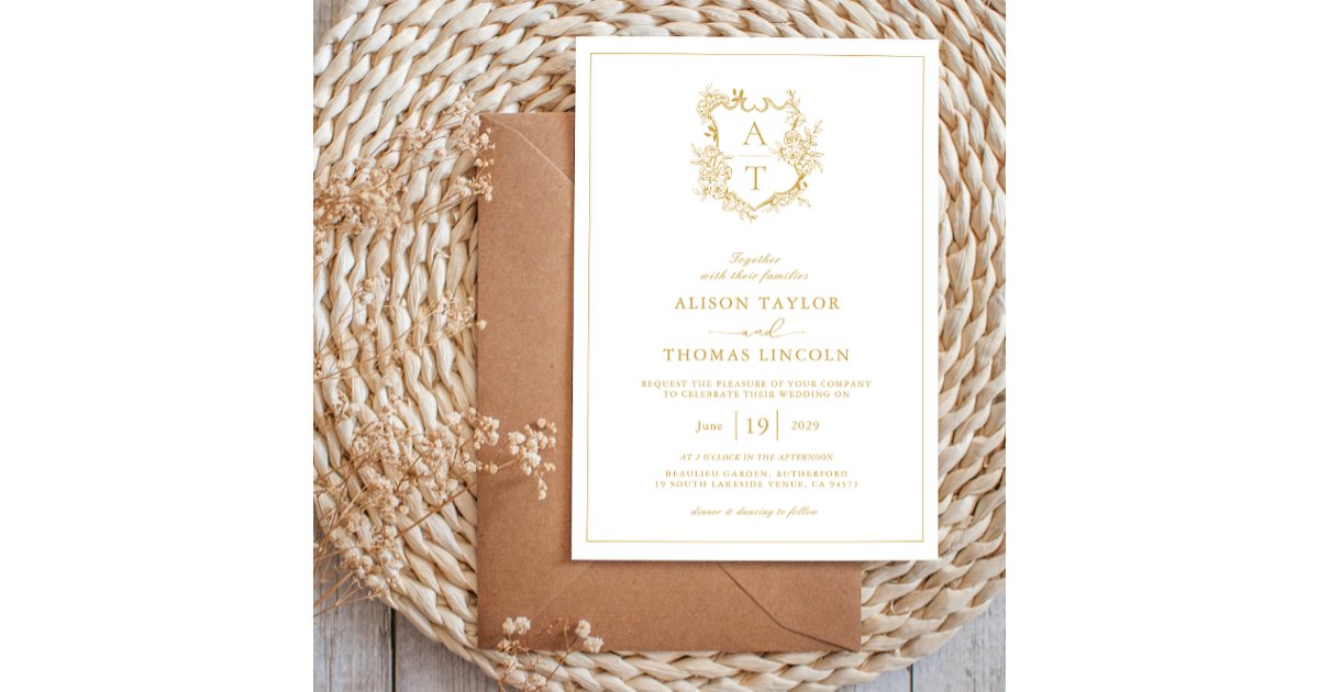 Formal Crest Gold Monogram Wedding Invitation | Zazzle