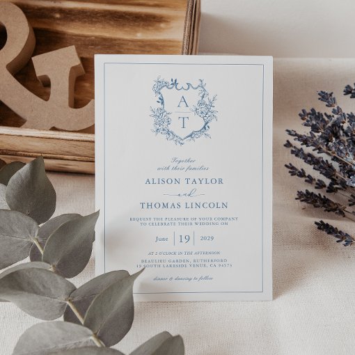 Formal Crest Vibrant Blue Monogram Wedding Invitation | Zazzle