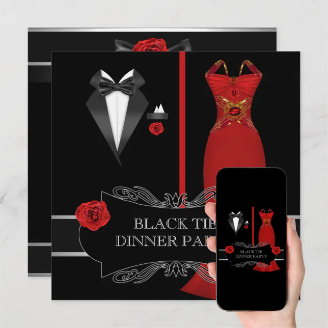 Formal Dinner Party White Black Tie Red 2B Invitation | Zazzle