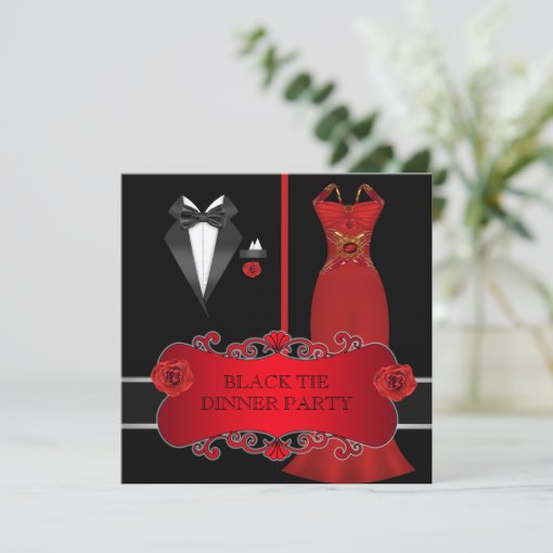 Formal Dinner Party White Black Tie Red 2C Invitation | Zazzle