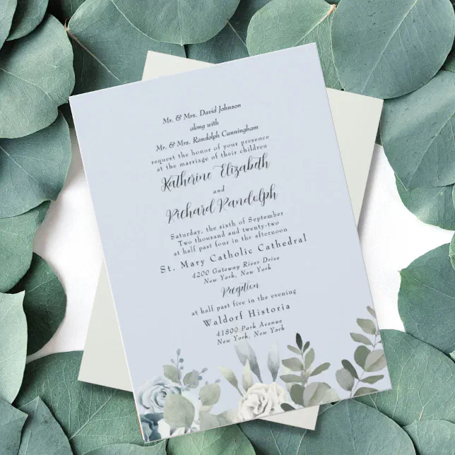 Formal Dusty Blue Floral Both Parents Wedding Invitation | Zazzle