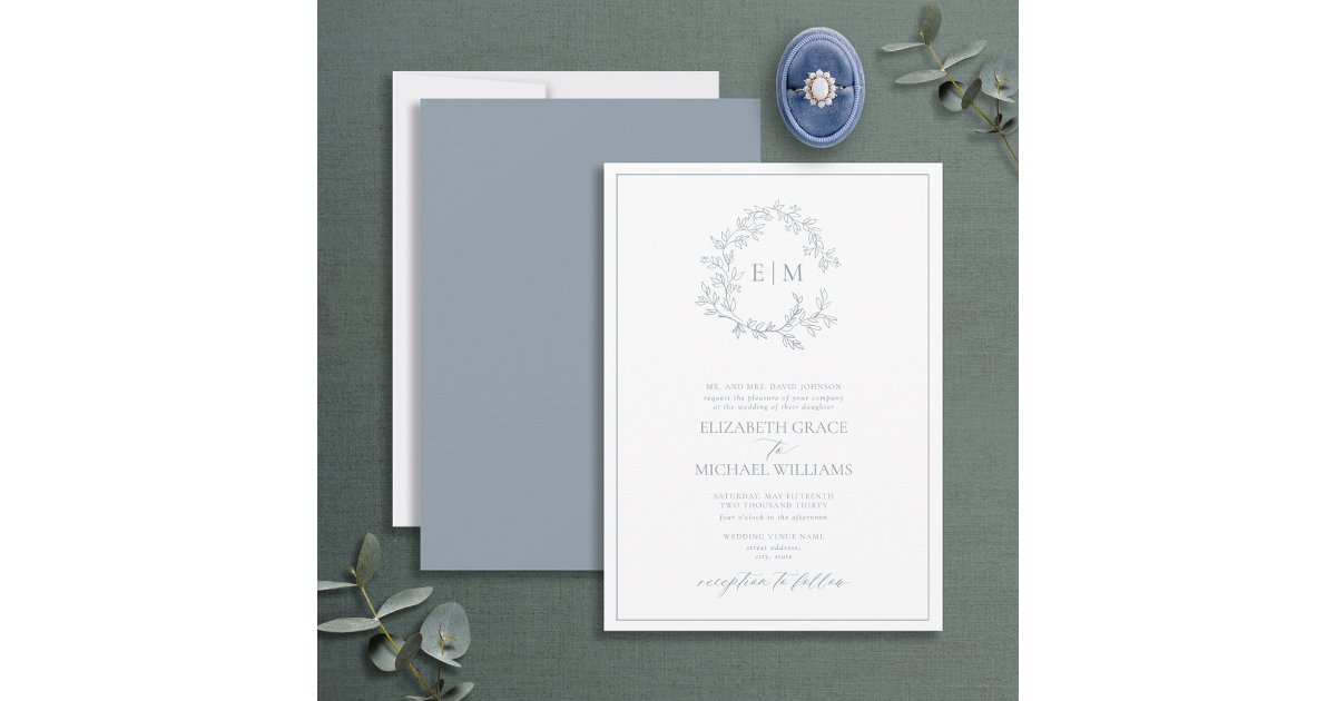 Formal Dusty Blue Leafy Crest Monogram Wedding Invitation | Zazzle