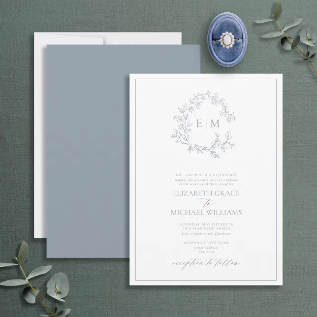 Formal Dusty Blue Leafy Crest Monogram Wedding Invitation | Zazzle