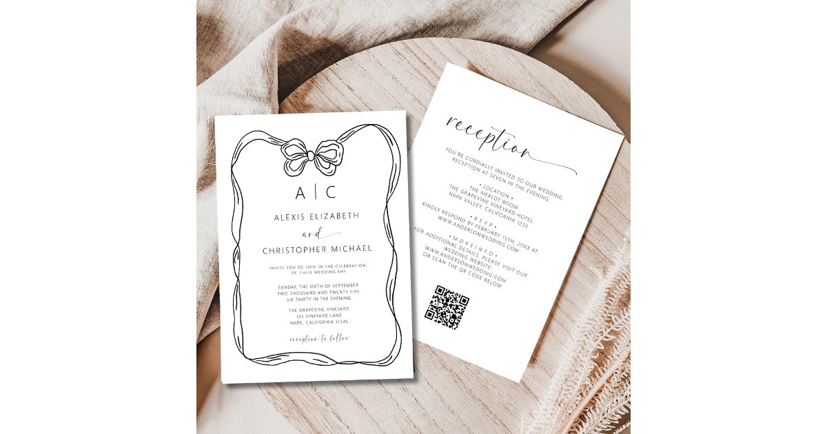 Formal Elegant Black & White Bow Monogram QR Code Invitation | Zazzle