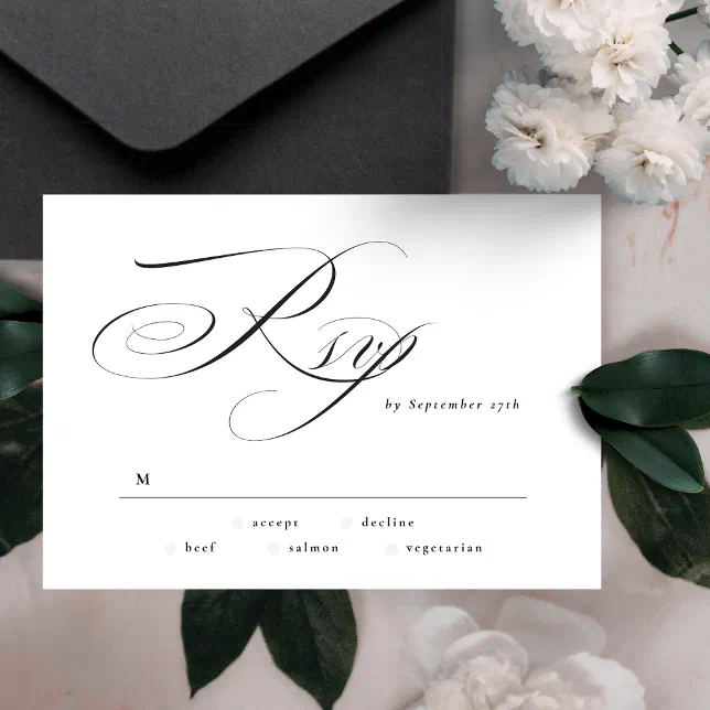 Formal Elegant Calligraphy Black Tie Wedding RSVP Card | Zazzle