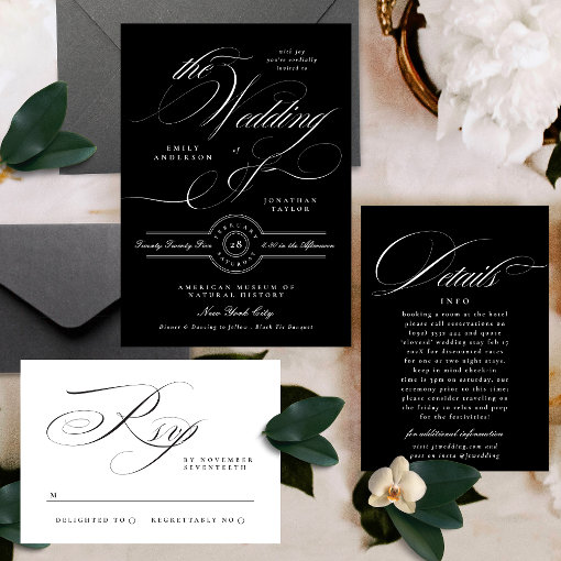 Formal Elegant Calligraphy Black Tie Wedding RSVP Card | Zazzle