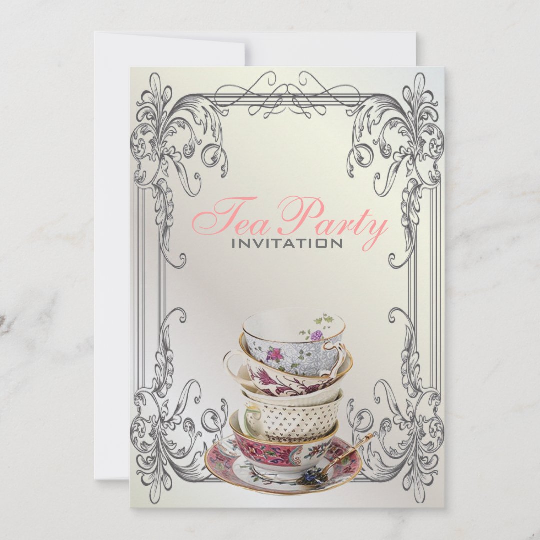 Formal elegant swirls White vintage tea party Invitation | Zazzle