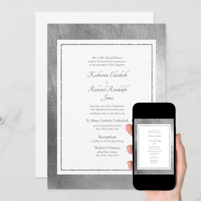 Formal & Elegant Wedding White & Silver Invitation | Zazzle