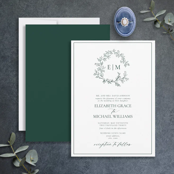 Formal Emerald Green Leafy Crest Monogram Wedding Invitation | Zazzle