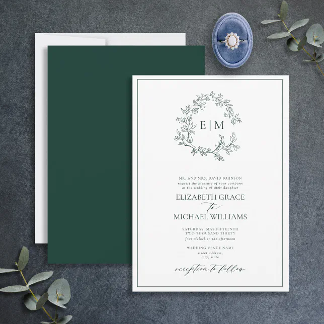 Formal Emerald Green Leafy Crest Monogram Wedding Invitation | Zazzle