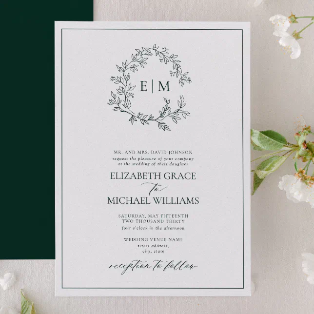 Formal Emerald Green Leafy Crest Monogram Wedding Invitation | Zazzle