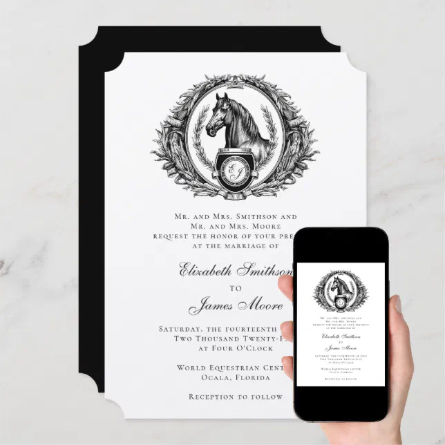 Formal Equestrian Horse Monogram Crest Wedding Invitation | Zazzle